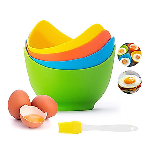 Guppy Egg Poacher Food Grade Nonstick Silicone Cups Egg Poaching Poached Egg Cooker with Ring Standers for Microwave or Stovetop Eggs Boiler Molds Poachers, BPA Free, Extra Silicone Oil Brush, 4 Pack