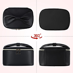 Makeup Bag 2 Pcs Cosmetic Bag Waterproof Large Make Up Bag for Travel Bow-Knot Storage Bag Portable Cosmetic Pouch Makeup Brush Organizer Toiletry Case for Women and Girls Black