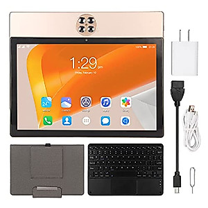 Luqeeg 2 in 1 Tablet, Dual SIM Dual Standby Gold 100‑240V Octa Core CPU 10.1 Inch FHD Tablet 128GB Expandable 4G Calling 5G WiFi for Work (US Plug)
