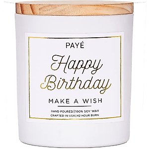 PAYÉ Happy Birthday Candle Gift 100% Hand Poured Soy Wax All Natural Vanilla Birthday Cake Fragrance - Large 10oz White Glass Jar - Wooden Lid - Gift for Women and Men - Handmade - 42 Hour Burn