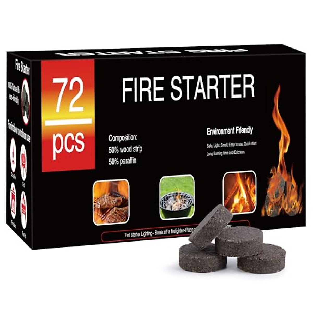 Fire Starter - 72 PCS Natural Charcoal Fire Starters for Campfires, Camping, BBQ, Fire Pit Starter & BBQ Starter - Wood Fireplace Starter for Grill