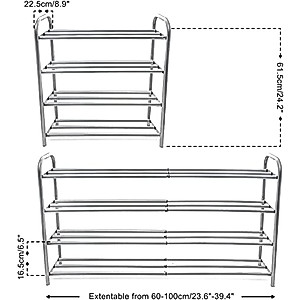 Gurkkst 4 Tier Extendable Long Shoe Rack for Closet Shoe Organiser Strong and Durable Heavy Duty Metal Shoe Shelf Holds 20+ Pairs (60-100) x 22,5 x 61,5 cm