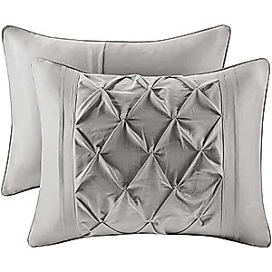 Comfort Spaces Cavoy Comforter Set - Luxe Diamond Tufting, All Season Bedding, Matching Bed Skirt, Decorative Pillows, Queen, Faux Silk Gray 5 Piece