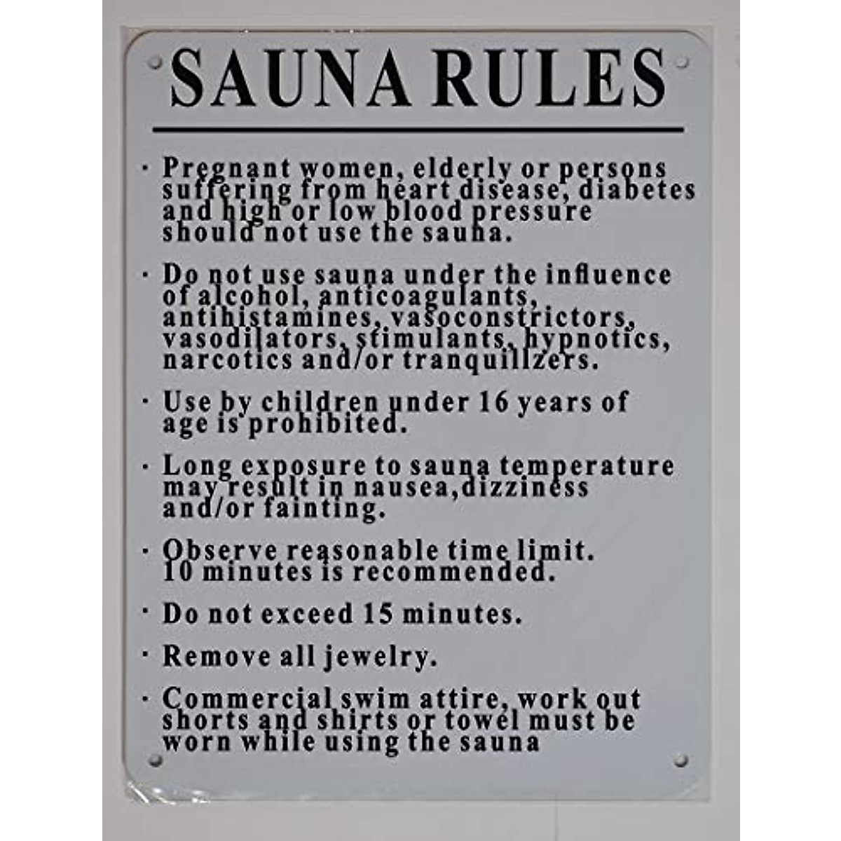 BUILDINGSIGNS.COM Sauna Rules Sign (White, Rust Free Aluminium 8.5x11)