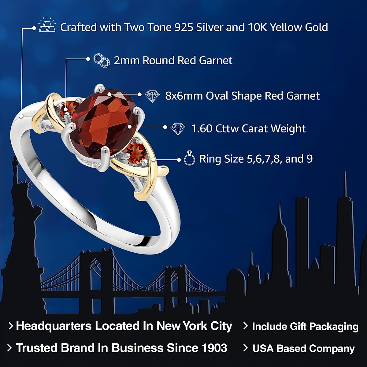 Gem Stone King 925 Sterling Silver and 10K Yellow Gold Red Garnet Ring For Women (1.60 Cttw, Oval 8X6MM, Gemstone Birthstone, Available In Size 5, 6, 7, 8, 9)