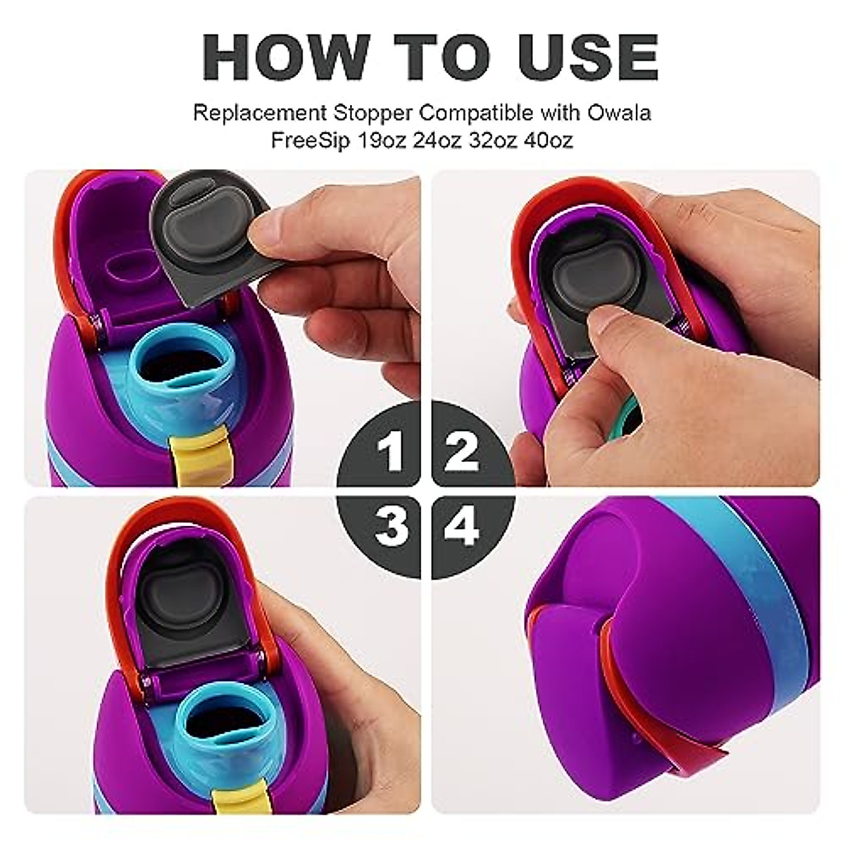 2pcs Replacement Stopper Compatible with Owala FreeSip 24oz 32oz, with 4pcs Straws & 1pcs Straw Cleaning Brush, Water Bottle Top Lid Replacement Parts Bottle Cap Seal Gasket Spill Proof Accessories