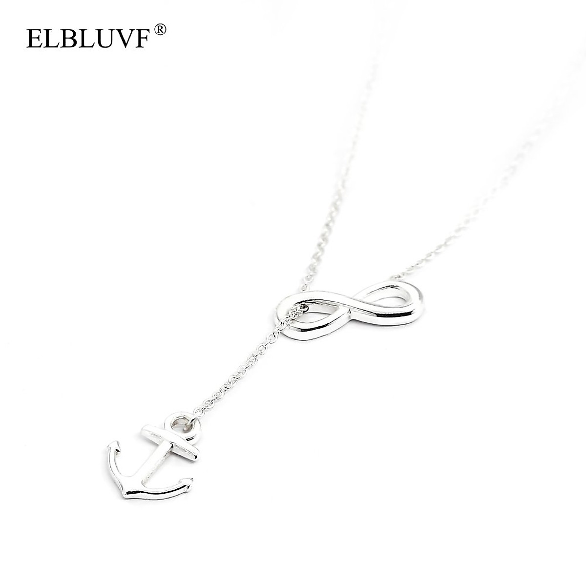 ELBLUVF Newest Stainless steel Anchor Infinity Y Shaped Lariat Style Necklace 18inch For Women (White gold color)