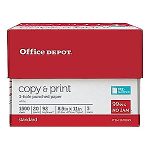 Office Depot® Brand 3-Hole Punched Multi-Use Print & Copy Paper, Letter Size (8 1/2" x 11"), 92 (U.S.) Brightness, 20 Lb
