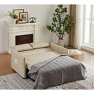 Melpomene Loveseat Sleeper Faux Leather Couch w/Pull-Out Bed and Adjustable Back, 57.1" Modern Convertible Sofa Bed w/ 2 Side Pockets and 2 Pillows (Khaki)