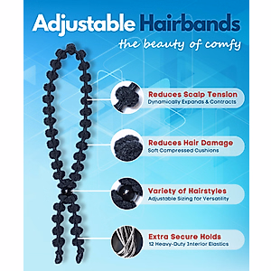 Bunzee Bands - Polyester Satin Adjustable hairbands for Thick Hair - Patent Pending [2 Count, Black]… (Headband, Black)
