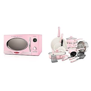 Nostalgia Retro Countertop Microwave Oven + GreenLife Soft Grip Healthy Ceramic Nonstick 16 Piece Kitchen Cookware Pots and Frying Sauce Saute Pans Set