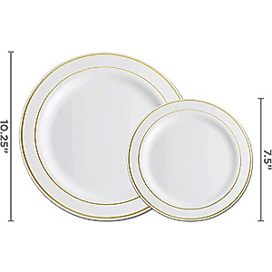 125 Piece Gold Dinnerware Party Set - 50 Gold Rim Plastic Plates, 25 Dinner 25 Dessert Plates, 75 Gold Silverware, 25 Knives, 25 Forks, 25 Spoons - 25 Guest Disposable Set for Wedding Birthday Parties