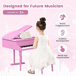 Goplus 30-Key Classical Kids Piano, Mini Grand Piano Wooden Learn-to-Play Musical Instrument Toy with Bench, Piano Lid, Music Rack, Gift for Boys Girls Aged 2+ Baby Toddler (3 Straight Leg-Pink)
