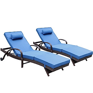 NOBLEMOOD Outdoor Lounge Chairs Set of 2 Beach Wikcer Chaise Lounge with Wheels, Cushion, Adjustable Backrest for Outside Pool Sun Shelf Tanning Bathing (Blue)