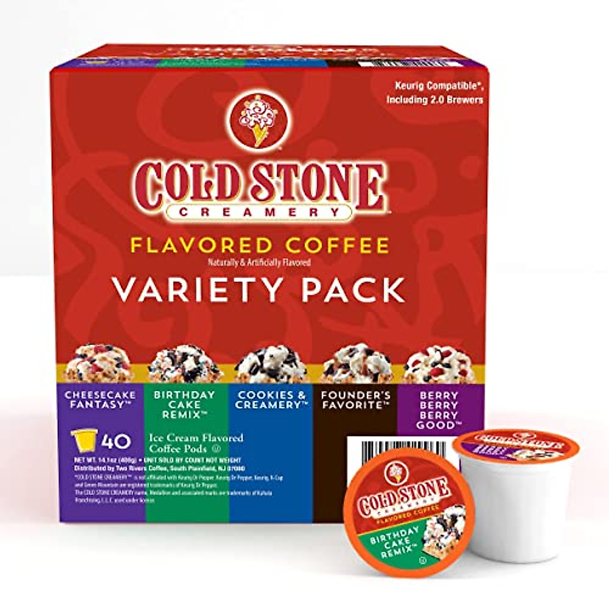Cold Stone Beverages Creamery Ice Cream Flavored Coffee Pods, Assorted Variety Pack, Compatible with Keurig K Cup Brewers, 40 Count