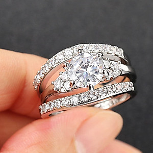 Jude Jewelers Platinum Plated Three-in-One Wedding Engagement Statement Proposal Valentines Halo Bridal Ring Set (Silver, 8)