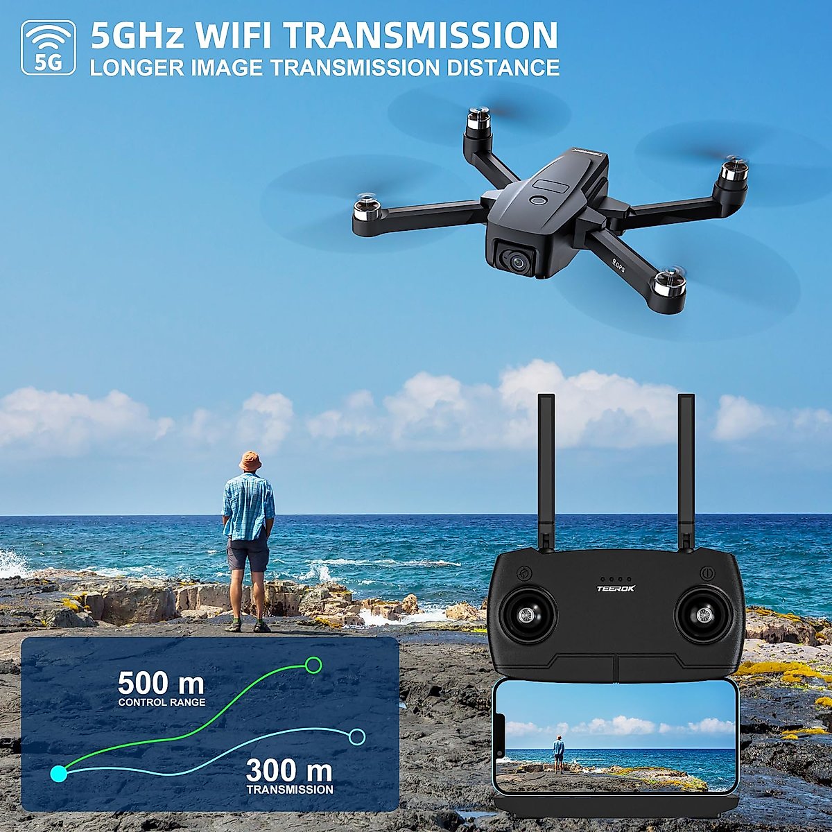 TEEROK T18S GPS Drone with Camera for Adults 4K, 5G FPV RC Quadcopter 1640FT Control Range with Auto Return, Follow Me, Brushless Motor, Optical Flow, 44 Mins Long Flight Time