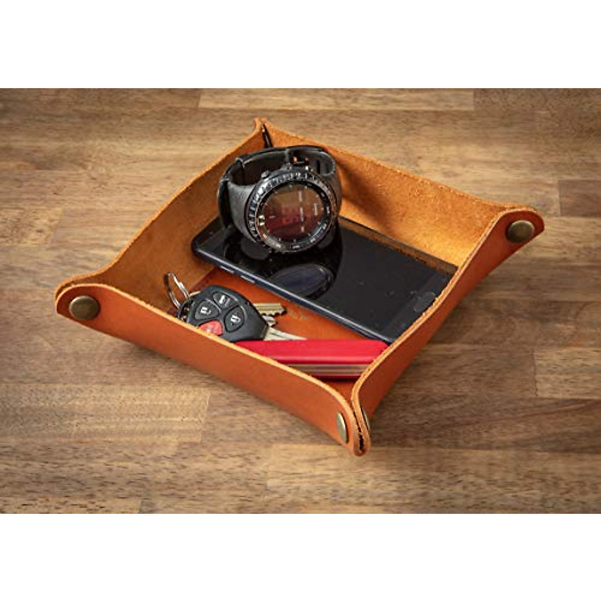 USA Made Premium Leather Valet Tray, Folds Flat! Little Buddy Dice Rolling Basket and Organizer With Brass Snaps - Reinforced Felt Bottom - For Keys, Jewelry, Coin, EDC, Watch Storage Caddy - Chestnut