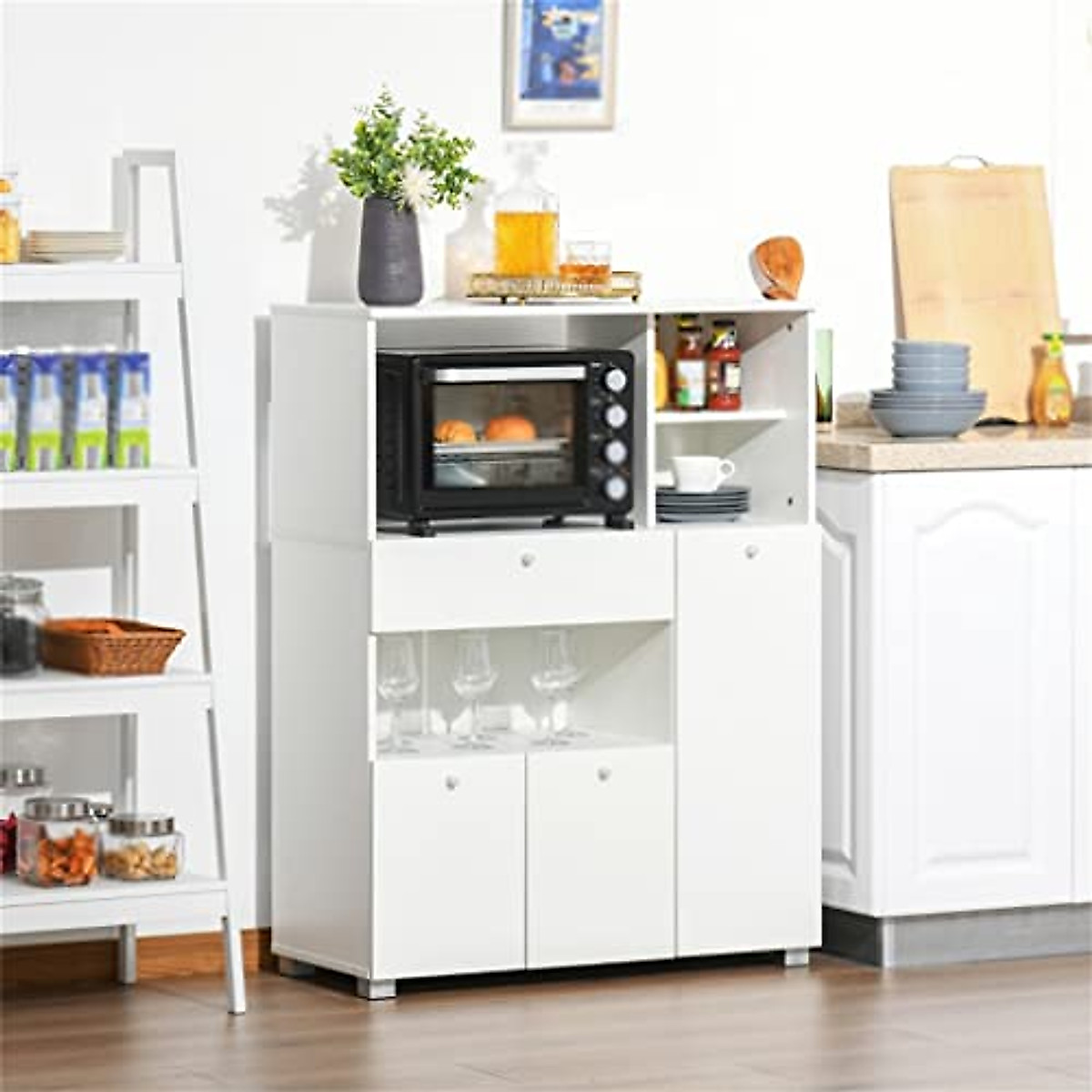 SEASD Kitchen Sideboard Buffet Auxiliary Microwave Oven with 2 Door cabinets 1 Drawer and Storage Shelf 90x40x120 cm White