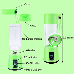 SoQte Handheld Portable Blender, Personal Size Blender Juice Cup with 6 Blades, Mini Blender for Fruit Smoothies and Shakes, with 380ml Juice Cup for Baby Food, Gym, Home, Travel (upgrade blade green)