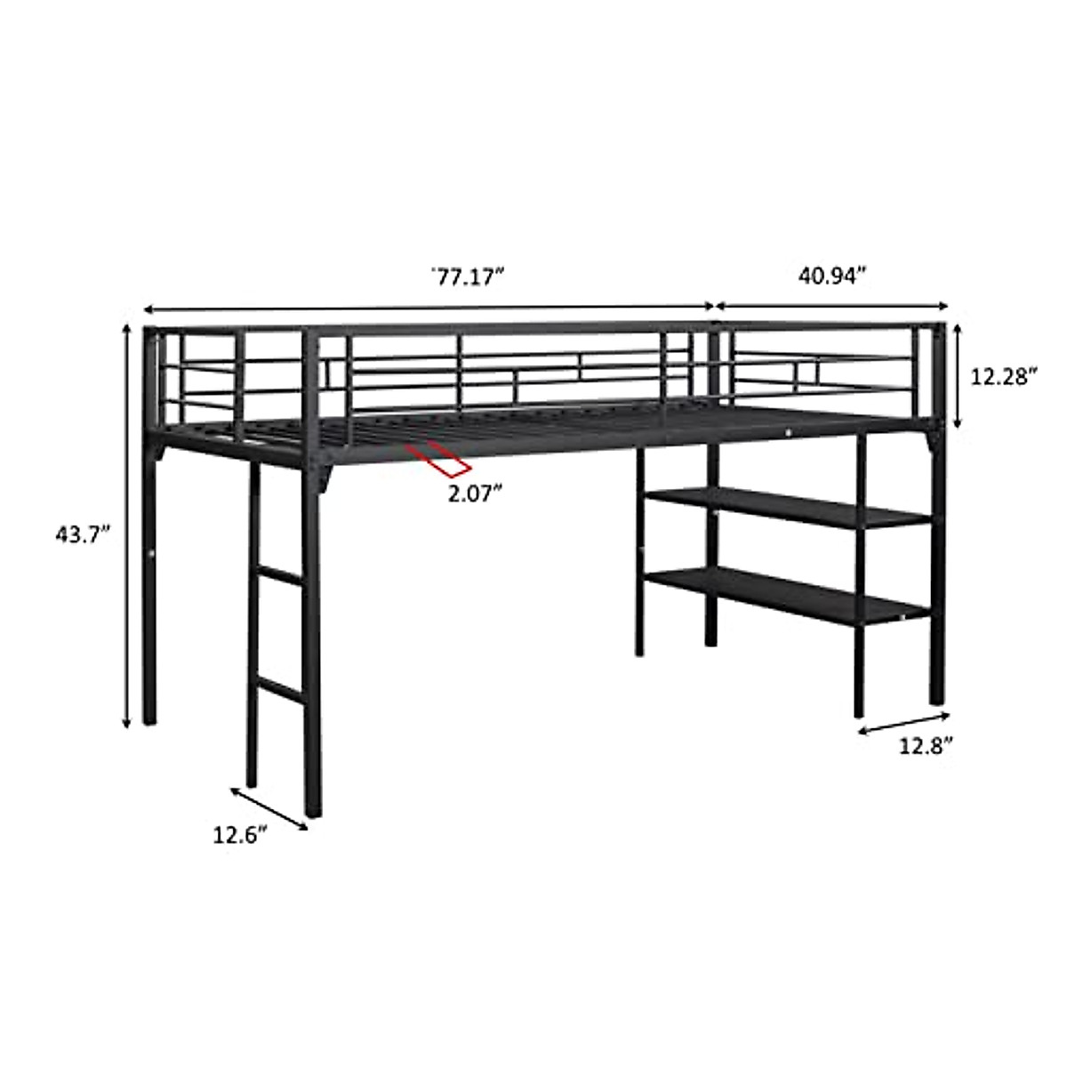 Lostcat Twin Size Metal Loft Bed and Storage Shelves,Heavy Duty Metal Loft Bed w/Full Length Guardrails and Ladder,No Box Spring Needed,Suitable for Kids,Teens,Adults,Black