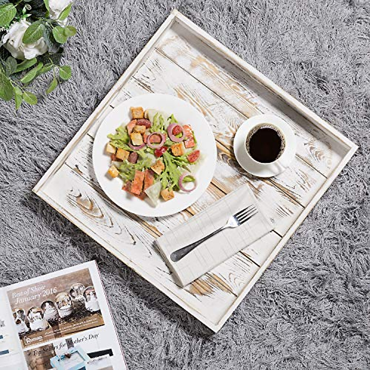 MyGift Whitewashed Wood Large Serving Tray with Handles, 19 Inch Square Decorative Tray for Ottoman, Breakfast, Tea, Coffee Table