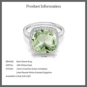 Gem Stone King 10K White Gold Green Prasiolite and White Created Sapphire Engagement Ring For Women (6.74 Cttw, Cushion Cut 12MM, Available in size 5, 6, 7, 8, 9)