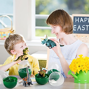 4 Pack Prefilled Easter Eggs with Dinosaur Pull Back Cars, Jumbo Plastic Easter Eggs with Toys Inside for Easter Basket Stuffers, Party Favors Gifts for Toddler Kids Boys Girls