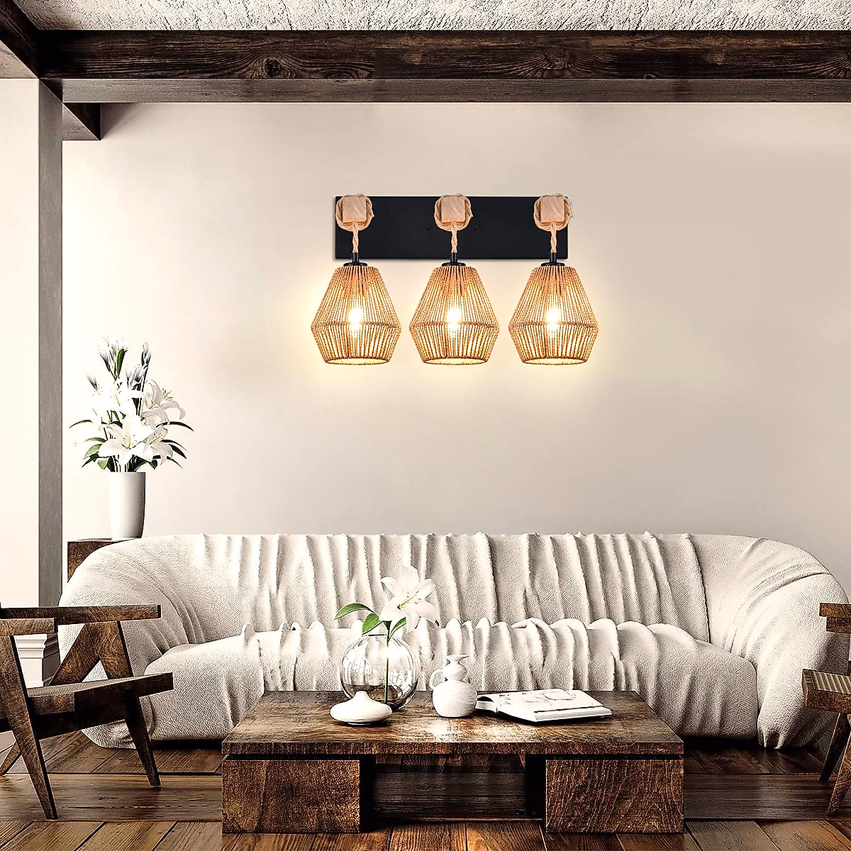 ILLMTW 3-Light Bathroom Vanity Lights Over Mirror,Farmhouse Wood Vanity Light Fixtures for Bathroom,Boho Rustic Adjustable Color with Woven Rattan Wicker Wall Sconces for Hallway Bedroom Living Room