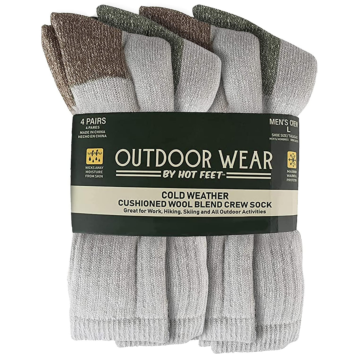 HOT FEET 4 Pack Work Socks for Men & Women - Breathable Boot Hiking Socks, Moisture Wicking Thick Wool Socks, Sizes 6-12.5, Man, Green & Brown