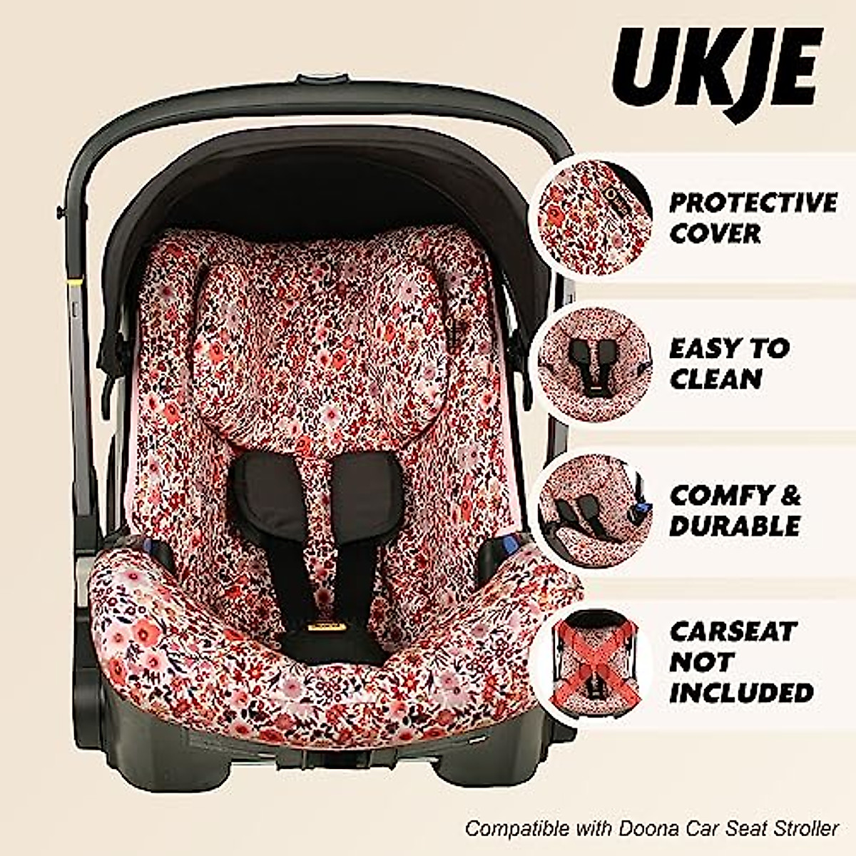 UKJE Protective Car Seat Stroller Cover Compatible with Doona Car Seat - Protector, Cotton Cover, Infant Car Seat Liner - Newborn Car Seat Accessories - Easy to Clean - Easy to Install (Pink Flowers)