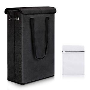 Slim Laundry Basket with Lid, Tall Thin Laundry Hamper with Handles, Waterproof Lining Narrow Dirty Clothes Hamper for Bathroom Bedroom Dorm Nursery Organization Storage (45L, Black)