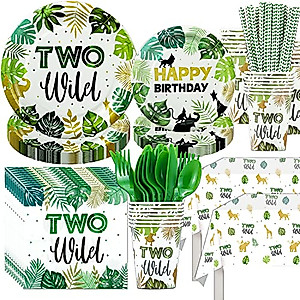 NAIWOXI Two Wild Birthday Decorations Tableware - Safari Birthday Decorations Include Plates, Cups, Napkins, Cutlery, Tablecloth, Straws, Animal Jungle Theme Party Supplies for Boy Girl 2nd Birthday