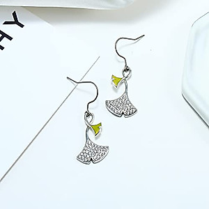 Ginkgo Leaf Earrings Hypoallergenic Titanium Dangle Earrings For Women, Sparkly Cubic Zirconia Enamel Drop Earrings Lightweight Handmade, Pure Titanium Earrings Hooks for Sensitive Ear