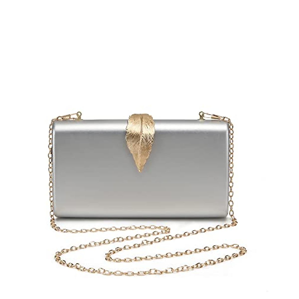 Beaguful Women's Fashion Evening Bags with Golden Leaves Crossbody Shoulder Handbag Chain Removable Silver
