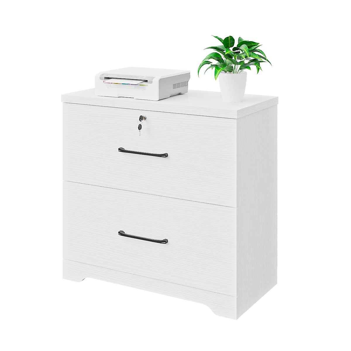 2 Drawer File Cabinet with Lock, Wooden Lateral Storage Home Office Filing Cabinet with Anti-tilt Mechanism with 8 Hanging Bars for Letter/Legal Size (White)