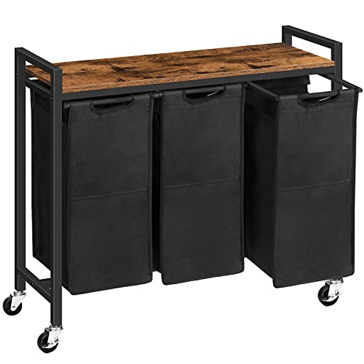 HOOBRO Laundry Hamper, Laundry Sorter 3 Section, Laundry Basket with Wheels, 3 × 10.5 Gal (39.8L), Rolling Cart, Pull-Out and Removable Oxford Fabric Laundry Bags, Rustic Brown and Black BF38XY01G1