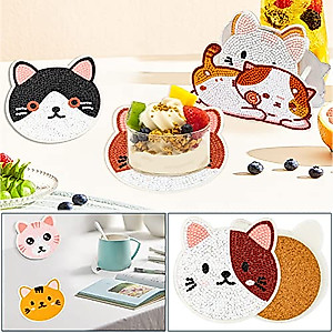 FEELOOK Diamond Painting Coasters with 3D Holder 6Pcs Cat Coasters DIY Diamond Art Crafts for Adults Kids and Beginners Art Craft Supplies Gift