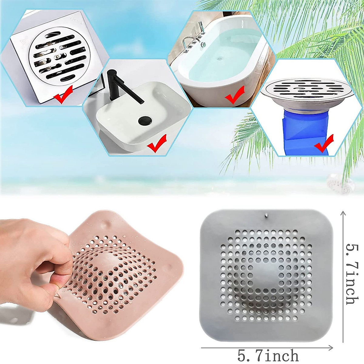 Hair Drain Catcher 4PCS, Raised Square Drain Cover with Suction Cup, Silicone Hair Catcher Hair Stopper Drain Cover for Bathroom Bathtub Kitchen