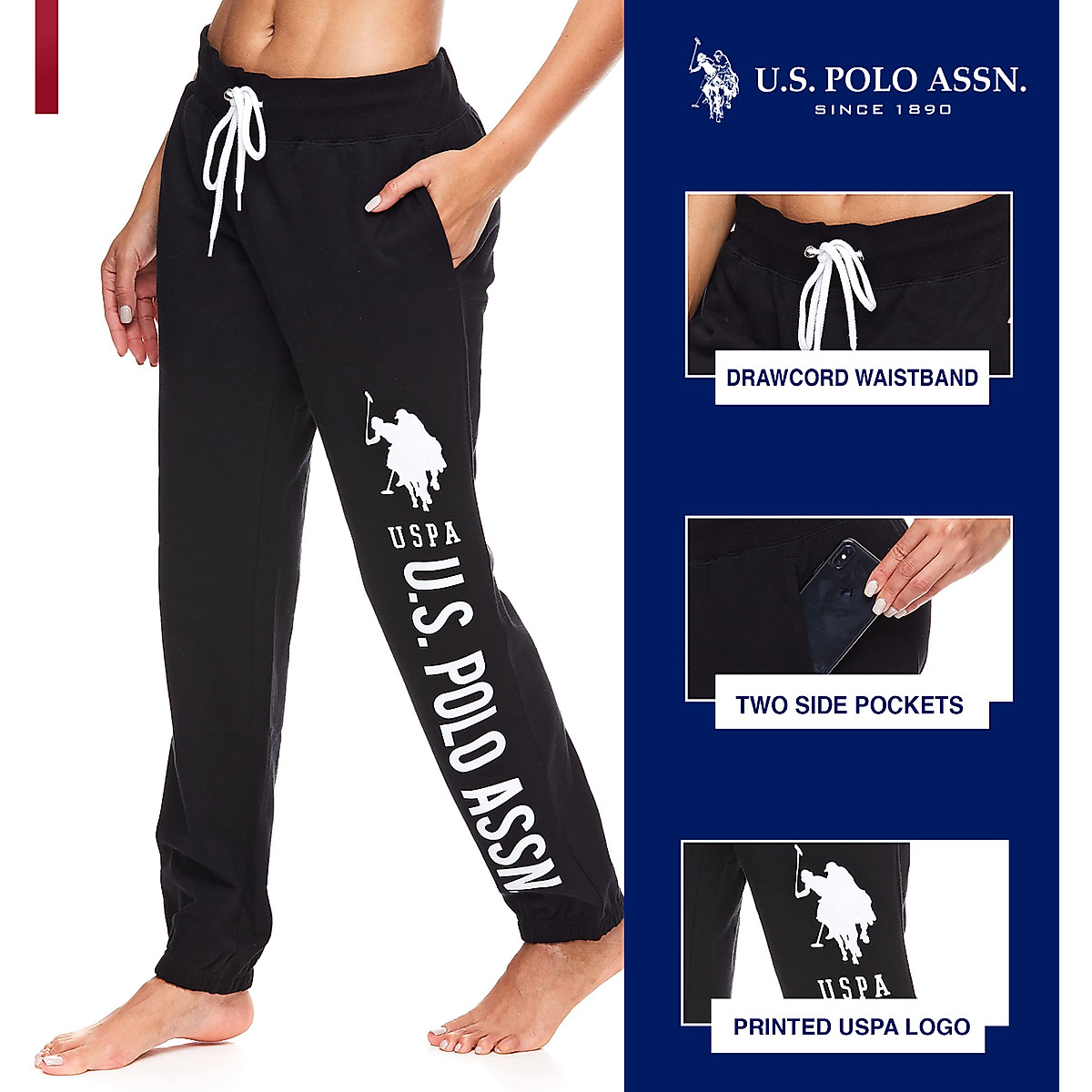 U.S. Polo Assn. Essentials Black Sweatpants with Pockets, Comfy, Breathable French Terry Womens Joggers (Black, Small)