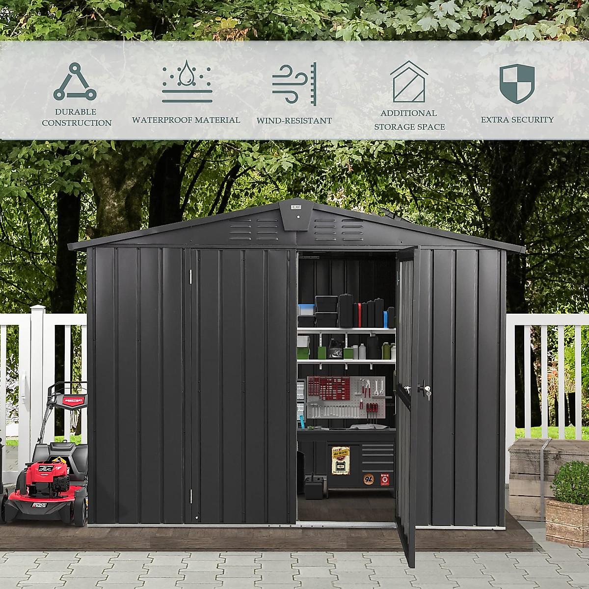Domi Backyard Storage Shed 8.2’ x 6.2’ with Galvanized Steel Frame,Outdoor Garden Shed Metal Utility Tool Storage Room with Latches and Lockable Door for Balcony Lawn Poolside (Dark Gray)