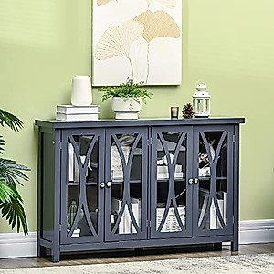 HOMCOM Sideboard, Buffet Cabinet with 4 Tempered Glass Doors, Arc Pattern and Adjustable Storage Shelf, Credenza, Gray