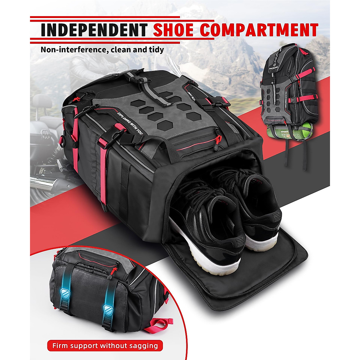 NICECNC Motorcycle Helmet Backpack 35L Large Capacity Motorcycle Helmet Bag, Universal Motorcycle Riding Backpacks for Men Motorcycle Lugguge Storage Bag with Hidden Helmet Net, Red