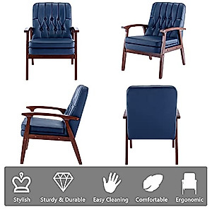 Setawix PU Leather Accent Arm Chairs Set of 2, Solid Wood Mid Century Living Room Chair with Arms,Faux Leather Upholstered Single Sofa Chair,Farmhouse Channel Tufted Reading Bedroom Chair (Navy, 2PC)