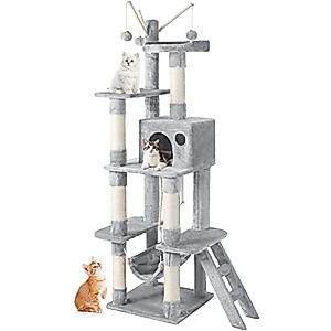 JOYO Cat Tree for Indoor Cats, 65.5 Inches Multi-Level Cat Tower Cat Tree with Hammock, Scratching Posts, Top Perch, Ladder, Cat Activity Tree Cat Condo with Toys, Cat Climbing Tower for Kitten Play