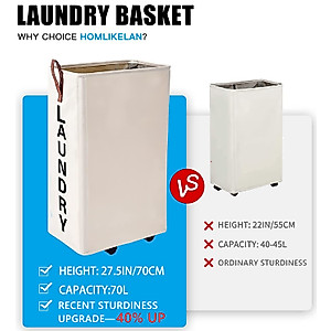 Homlikelan 70L Large Laundry Hamper,Tall Rolling Laundry Basket,Narrow Laundry Basket with Wheels,Slim Laundry Hamper on Wheels Clothes Hamper Laundry Bin 27.5" Beige