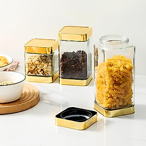 BETTWILL Glass Storage Jars-Large Kitchen Glass Canisters with Airtight Lids -Coffee Pasta Sugar Tea Snack Nuts Cookie Flour Food Container - Set of 3-Gold Color.