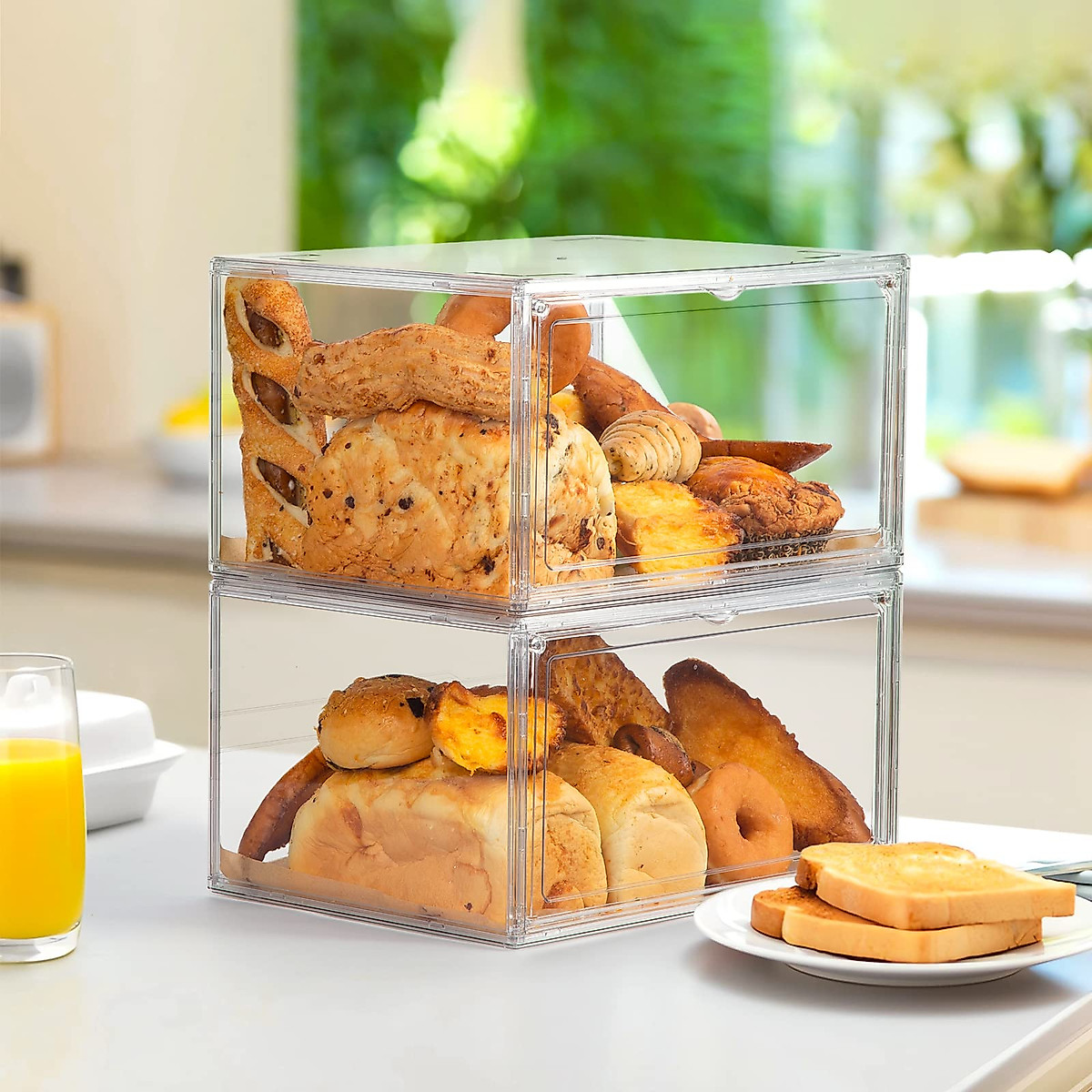 GROPKNIO 2pcs Large Bread Box Kitchen Countertop upgraded - Large Capacity Transparent Bread Rack Storage Box， 20 Sheets of Greaseproof paper-Stackable Double-Layer Bread Pantry Storage Container