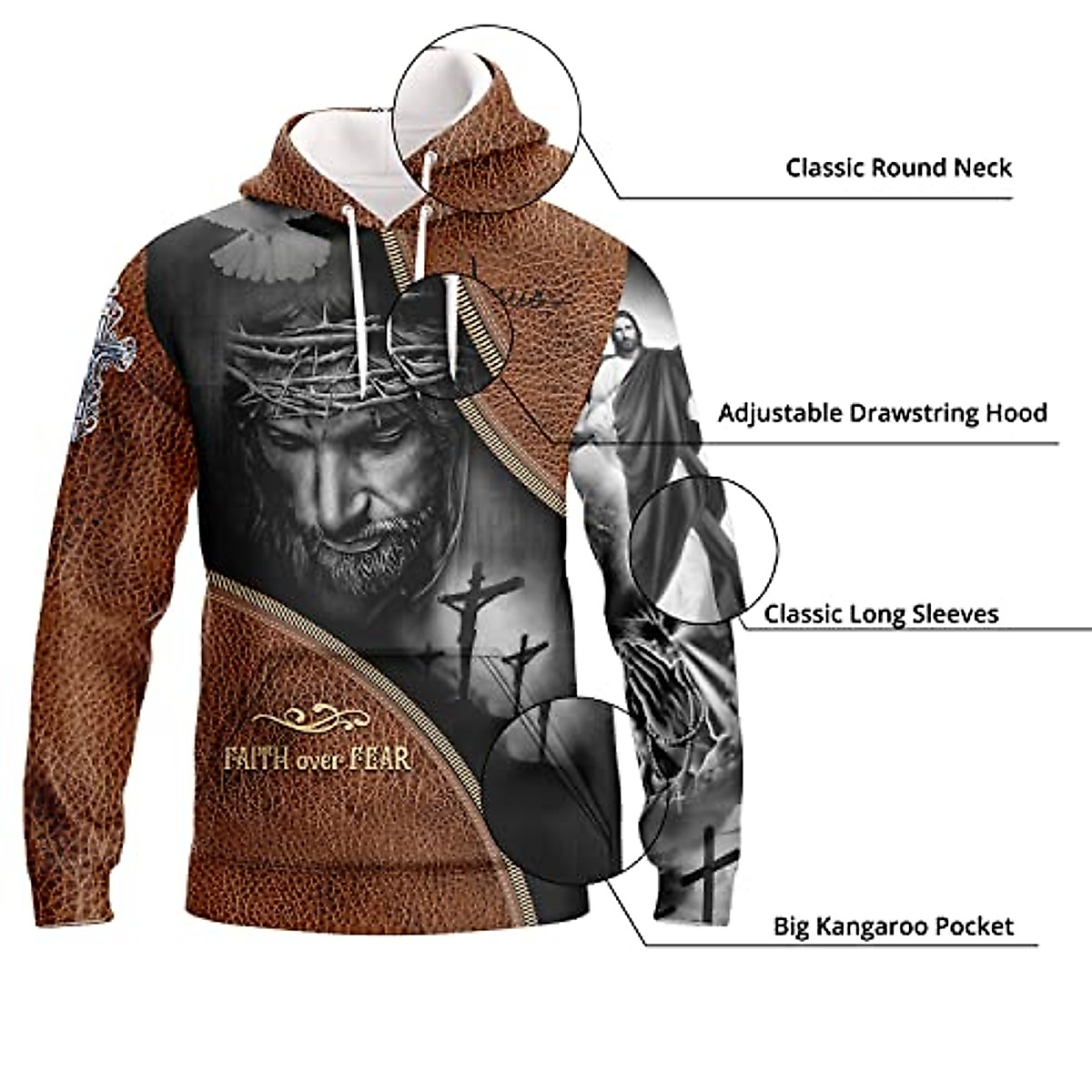 Custom Christian God Novelty Hoodie Jesus and Dove Hooded Sweatshirt with Faith Over Fear Saying for Prayer Religious People 1XL Multicolor