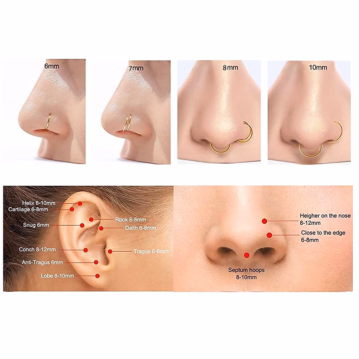 MeiziQL 3Pcs 20G Nose Rings Hoop Gold Hinged Clicker Small Nose Hoop Surgical Steel Cartilage Earring Hypoallergenic Body Piercing Jewelry for Women Men (20G Gold 6mm 8mm 10mm)